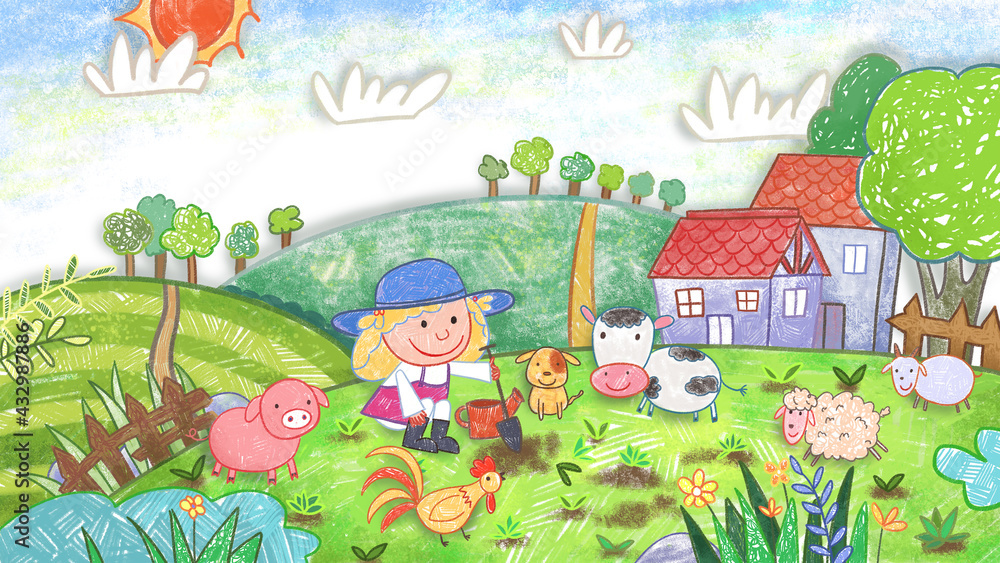 Vegetable Garden Farm Backdrop Background. Cute oil pastel drawing ...