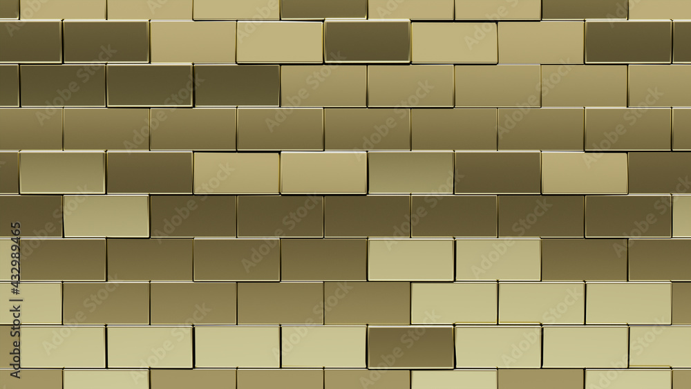 3D, Gold Mosaic Tiles arranged in the shape of a wall. Polished, Glossy ...