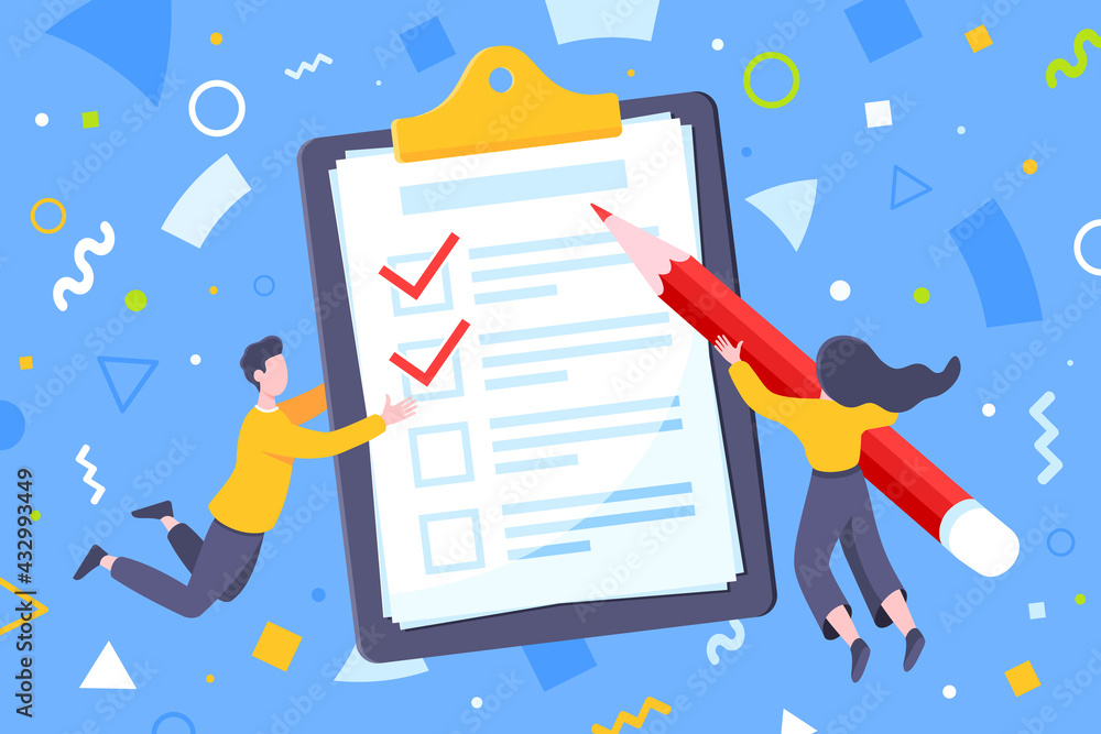 Checklist complete business concept tiny people with pencil, giant ...