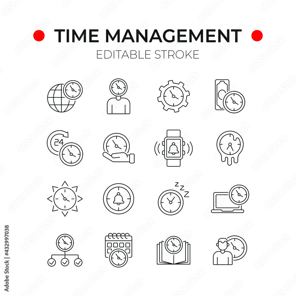 Time management linear icons set. Thin line customizable illustration ...