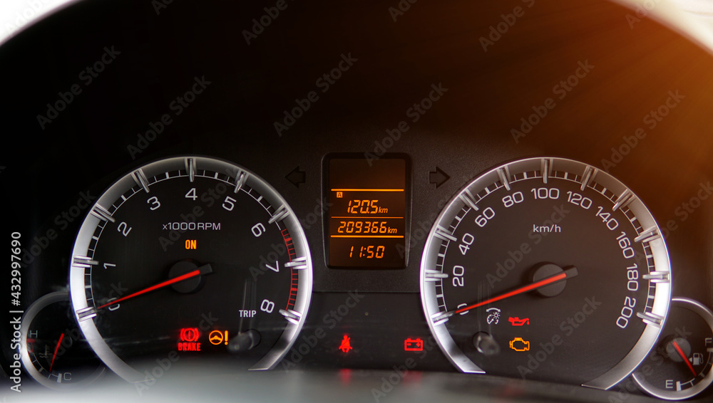 car interior dashboard details. Speedometr.Speedometer arrows in dark ...