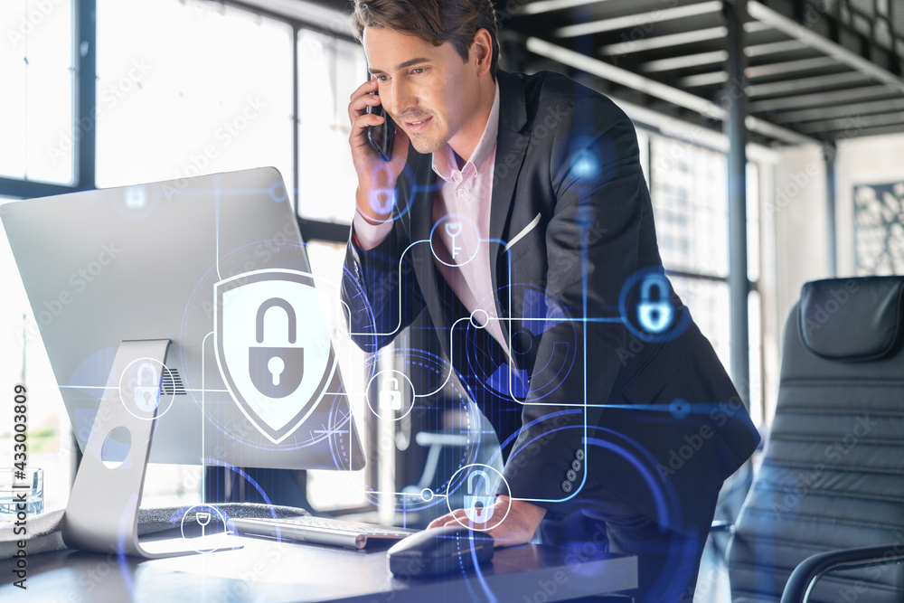 Businessman in suit has conference call of cyber security in compliance ...