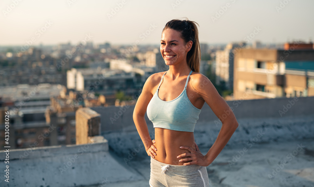 Sport, health, lifestyle concept. Portrait of happy fit woman smiling ...