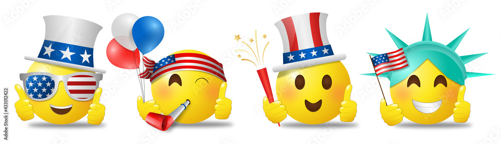 American emoji set with sunglasses, flags, liberty crown, balloons and ...