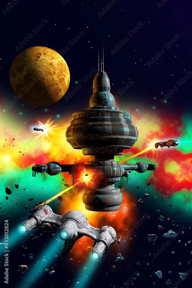 spaceships attacking a space station, battle in space Stock ...