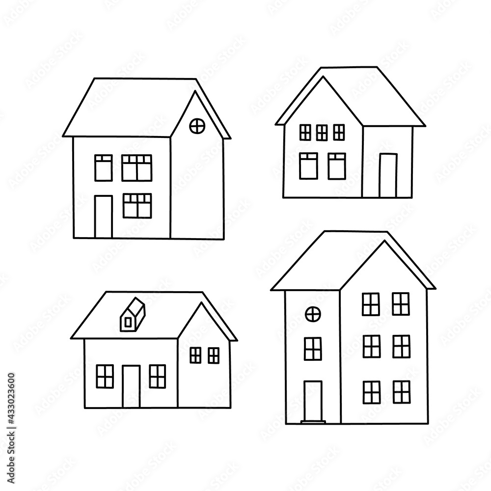 Vector illustration of different buildings. Hand-drawn set. Line art ...