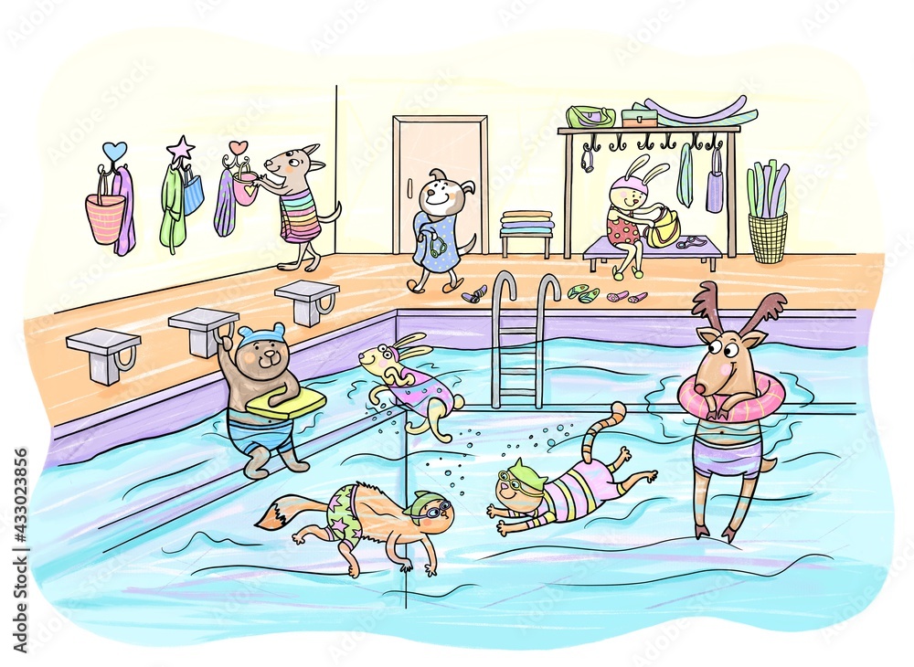 Hand drawn black and white cartoon illustration of a public swimming ...