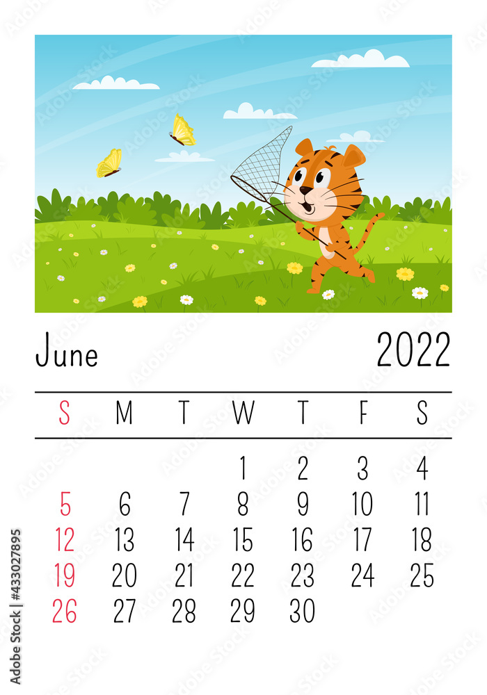 Design template. Calendar for 2022, June. Cute cartoon tiger runs ...