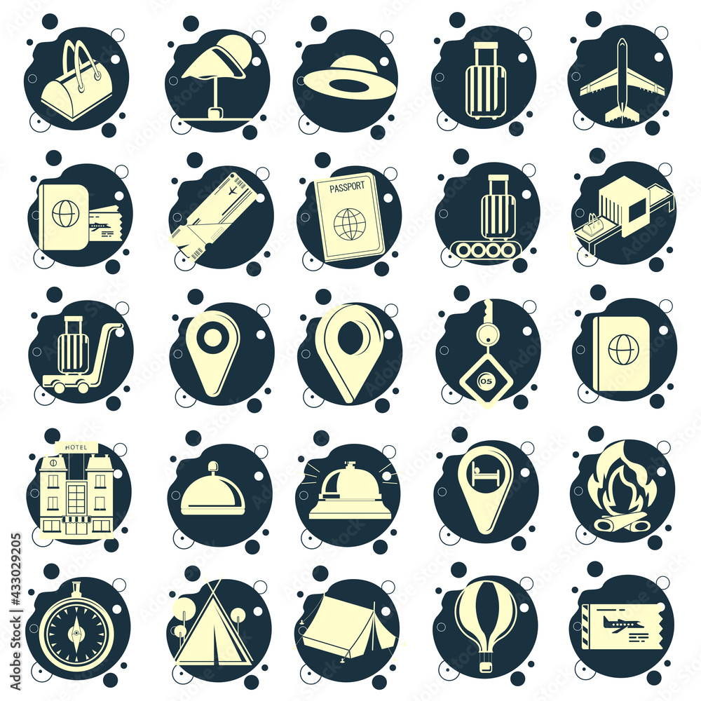 Traveling and transport icon set with hotel, compass, maps, reception ...