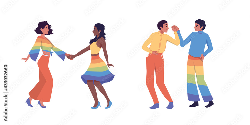 Gay homosexual couple dancing swing at class, party. Two men and women ...