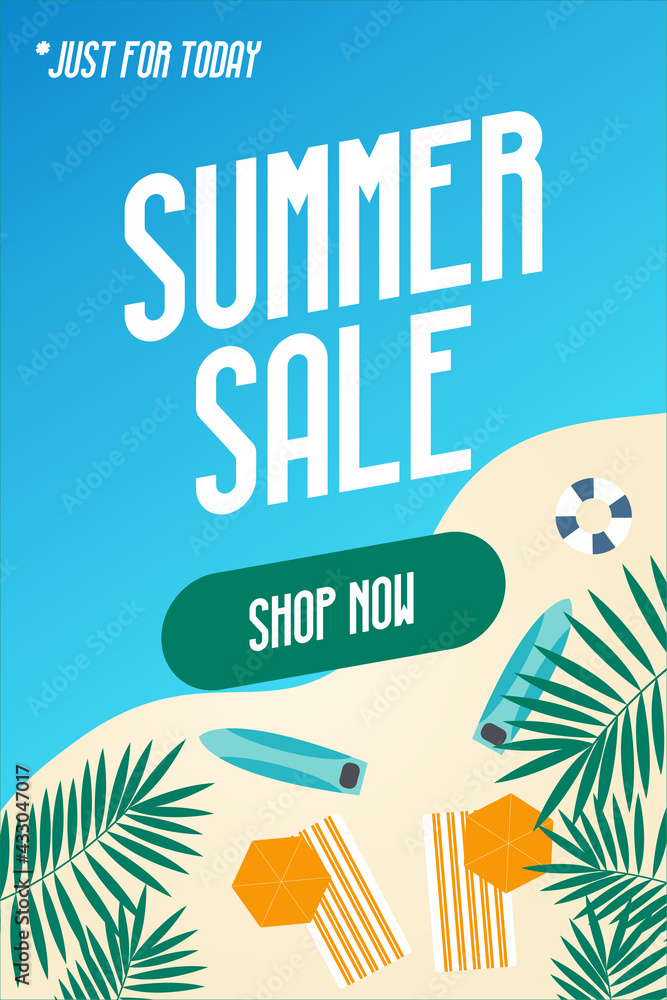 Flat summer vacation, a beach holiday poster with a set of daylight ...