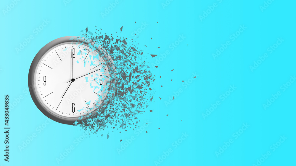 Clock falls apart, on a blue background. Dispersion effect. Copy space ...