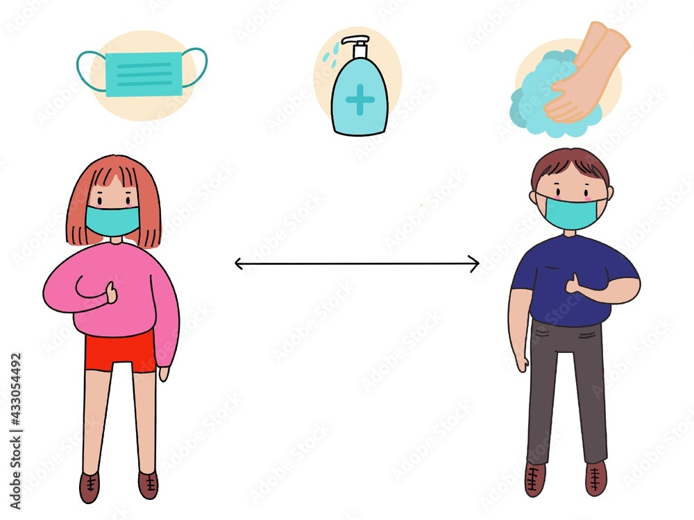 Cartoon Boy and Girl Wearing Face Masks and Proper Handwashing on White ...