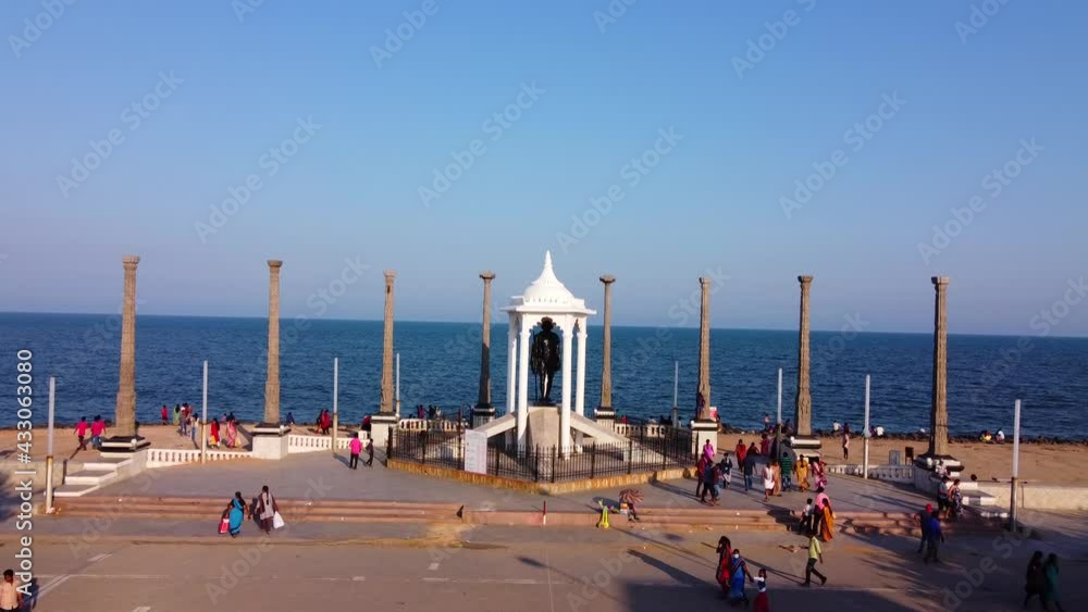 Arial view of Mahatma Gandhi Statue and rock beach of Pondicherry. A ...