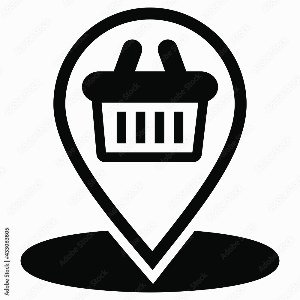 Location of the store. GPS and shopping cart icon. Geotag supermarket ...