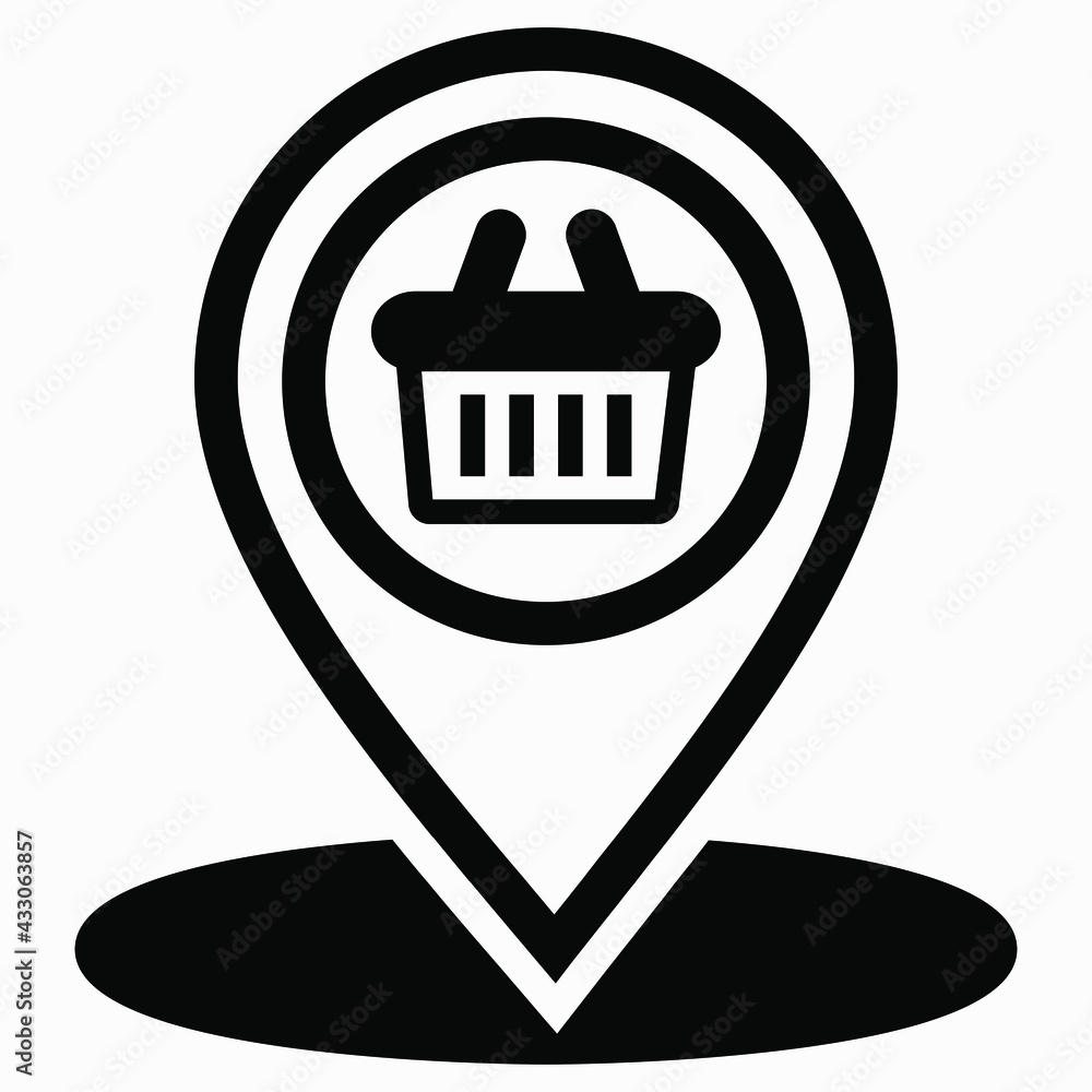 Location of the store. GPS and shopping cart icon. Geotag supermarket ...