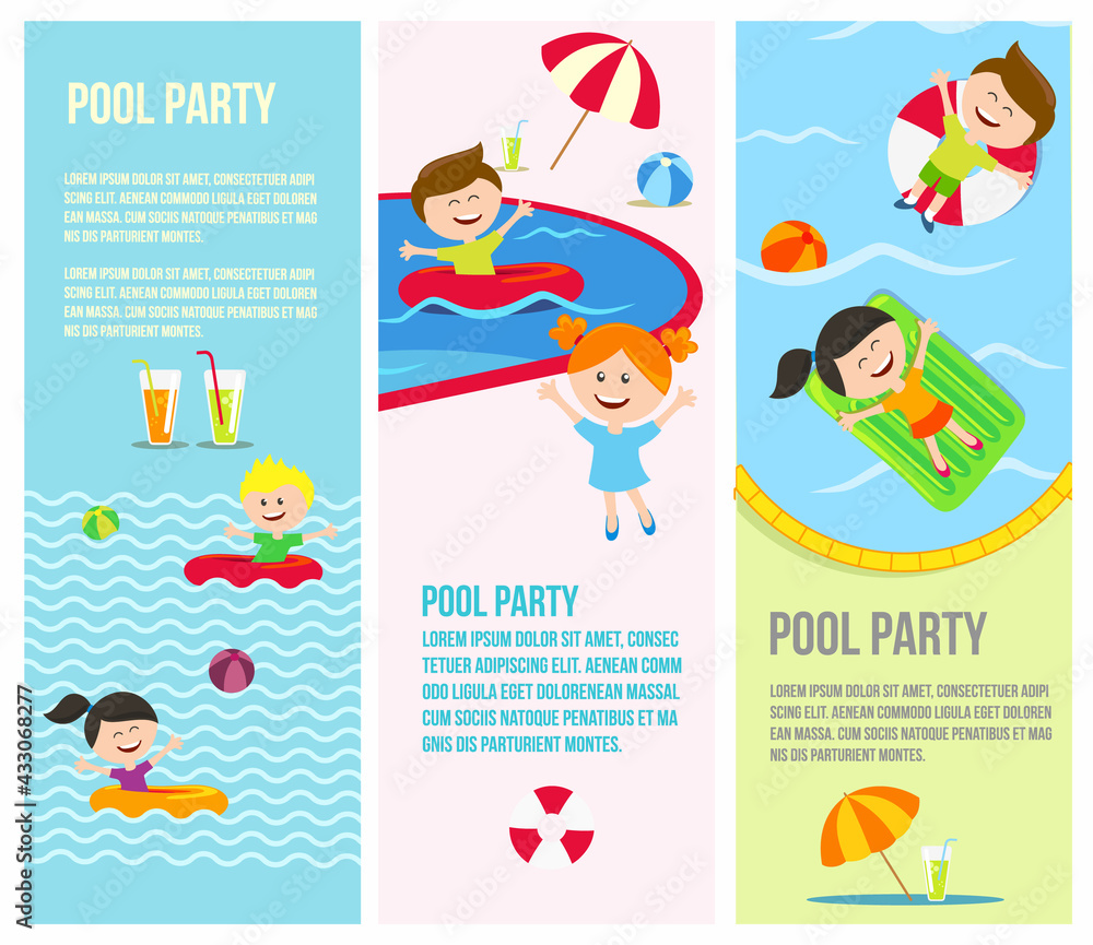 Pool party invitations banners. Happy children have fun at the poolside ...