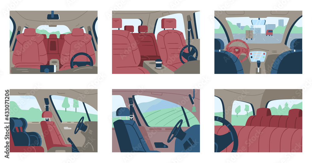 Set of vector posters with car interiors, views inside vehicle, empty ...
