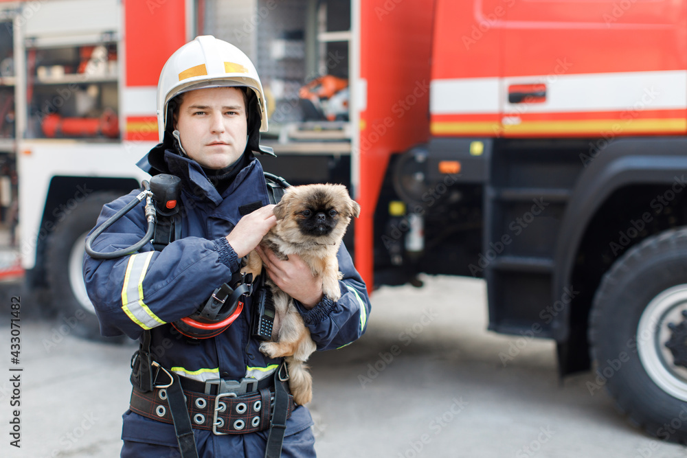 Firefighter in fire fighting operation. Portrait of heroic fireman in ...