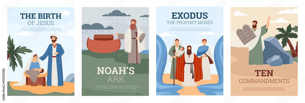 Flat cartoon vector posters with characters of story christian holy ...