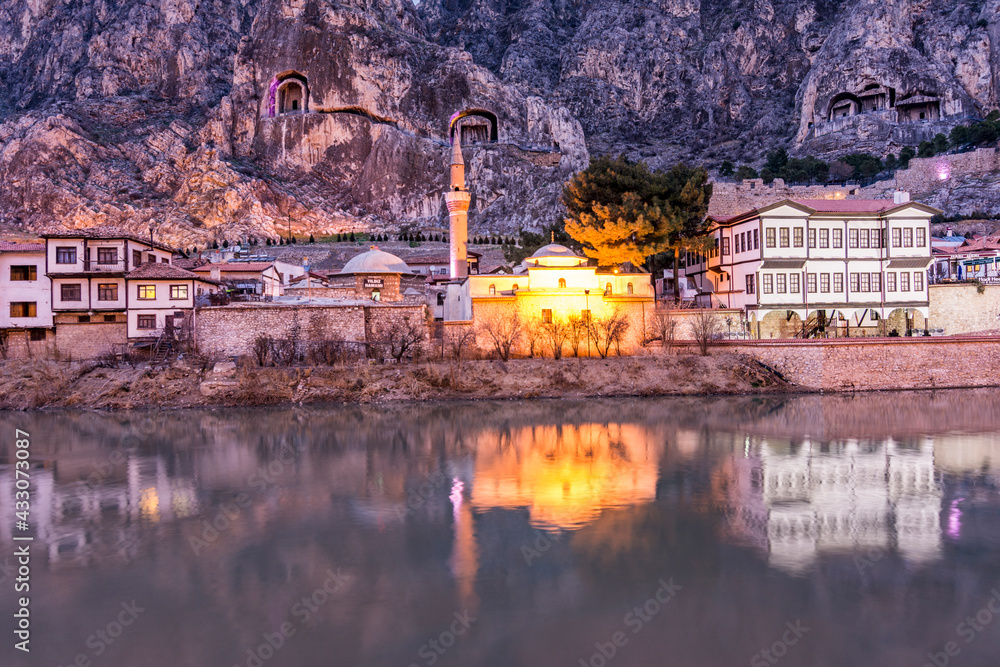Old Ottoman houses night panoramic view by the Yesilirmak River in ...