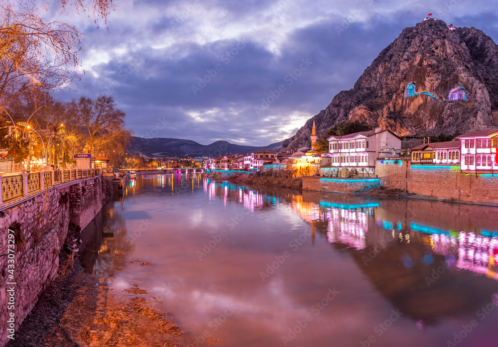 Old Ottoman houses night panoramic view by the Yesilirmak River in ...