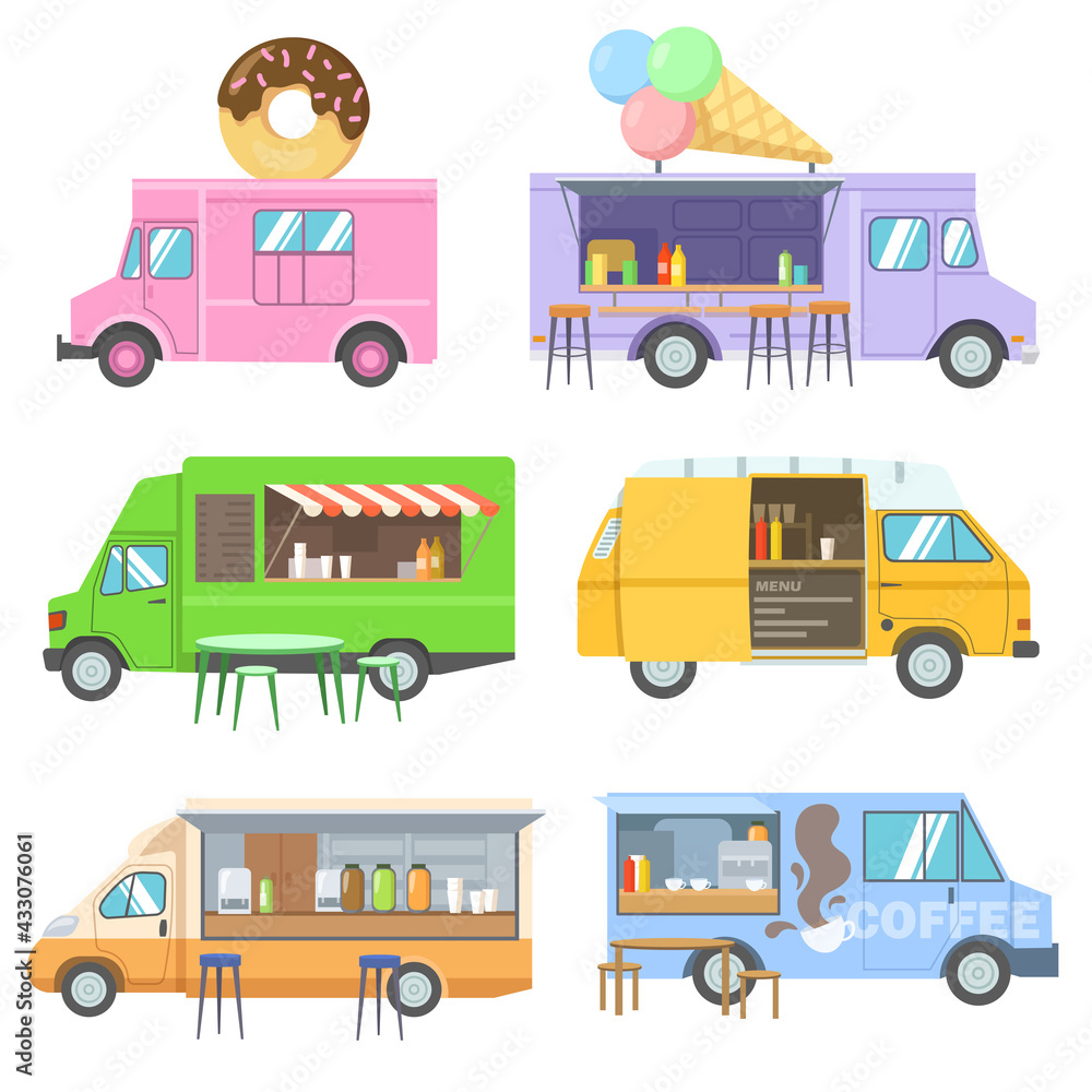 Set of foodtrucks cartoon vector illustration. Colorful buses with ...