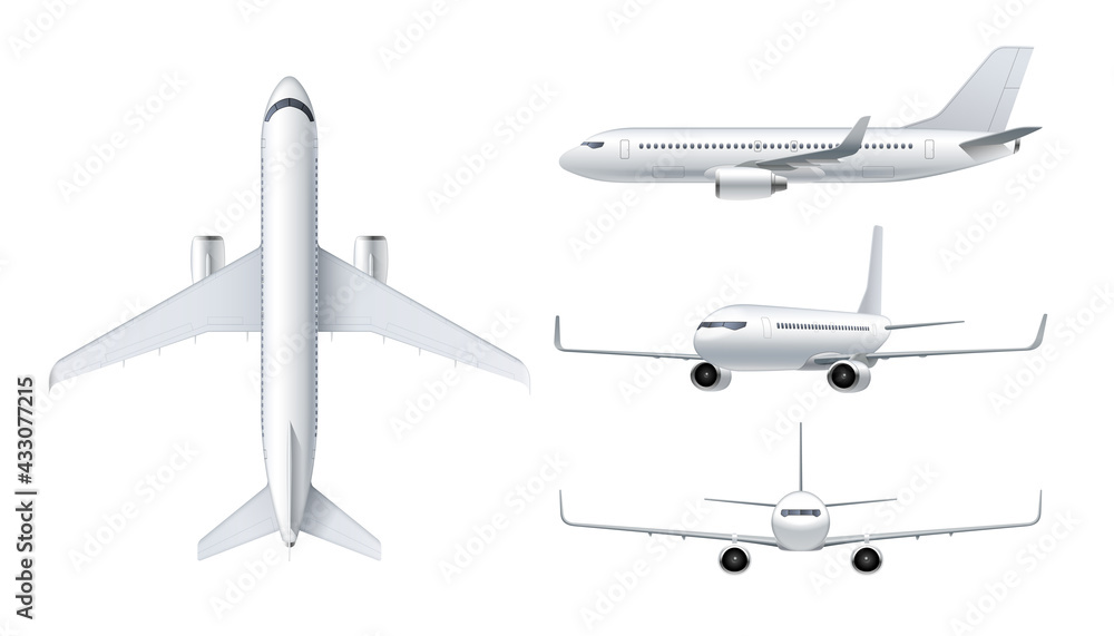 Flying airplane, jet aircraft, airliner. Top, front, side, 3d ...