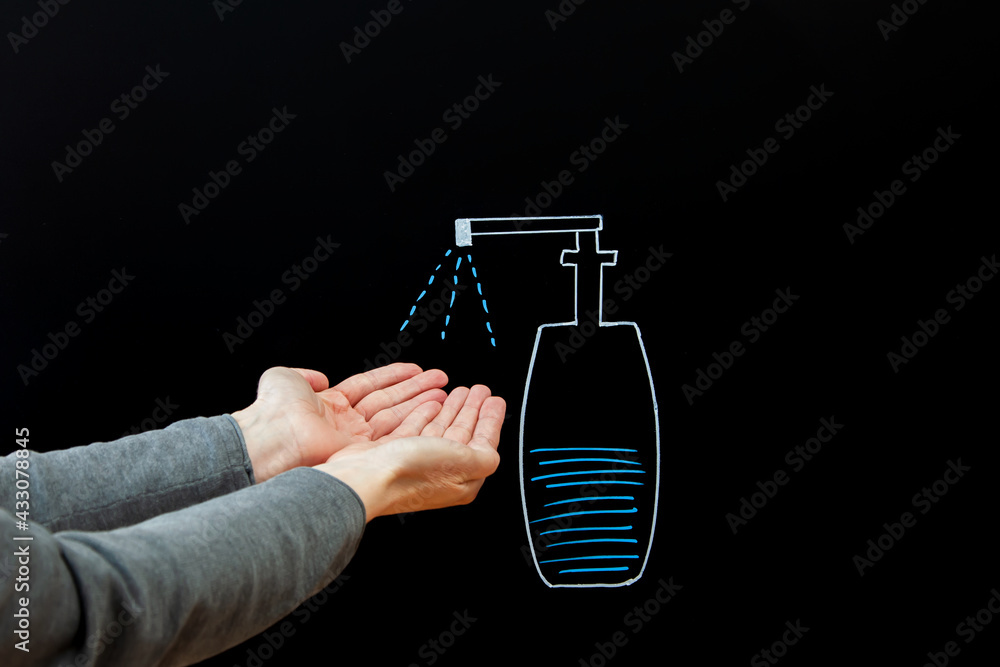 Woman Hand disinfection. Bottle Illustration drawing on a black ...