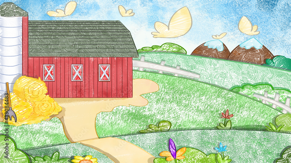 Farm Barn environment Backdrop Background. Cute oil pastel drawing ...