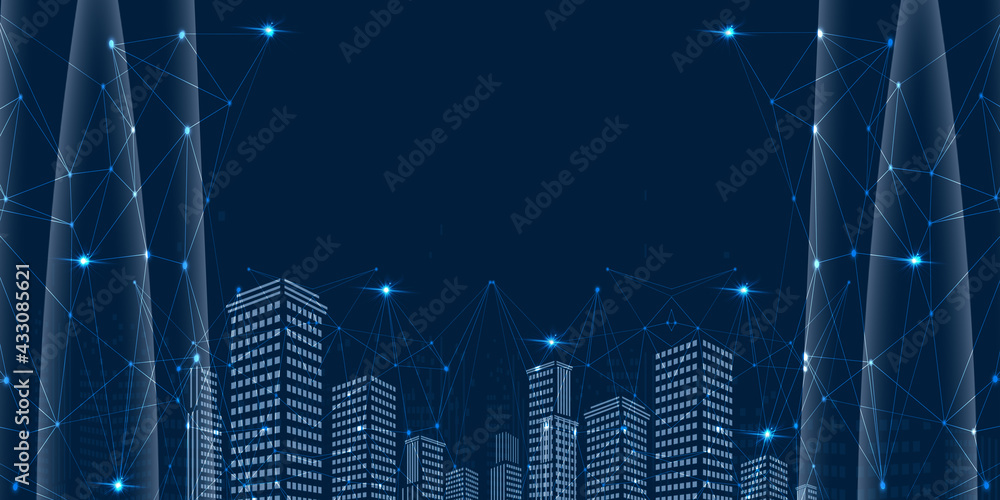 Technology background with buildings, digital city at night, city scene ...