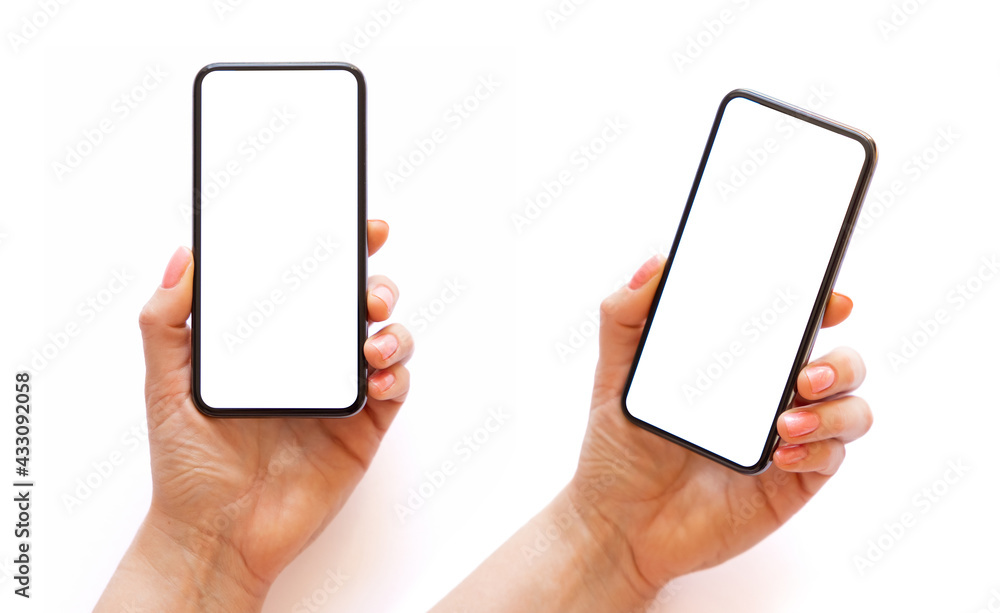 Person holding phone with empty white screen in different angles on ...