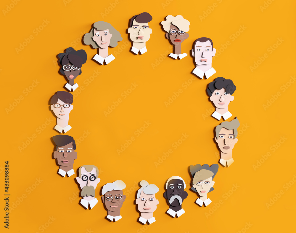 Lots of people's faces made of paper with space for text. People ...
