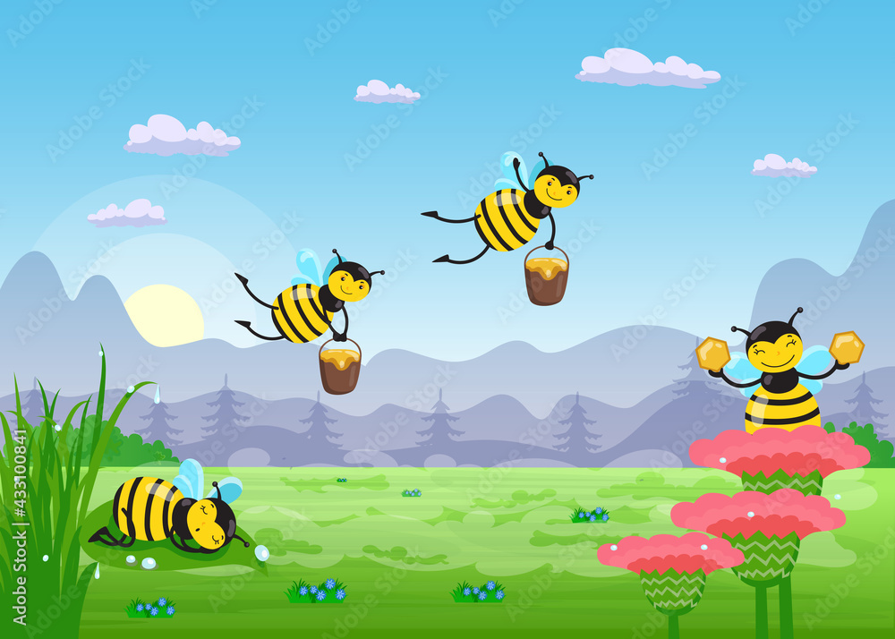 Happy cartoon bees in meadow landscape. Flat vector illustration. Funny ...