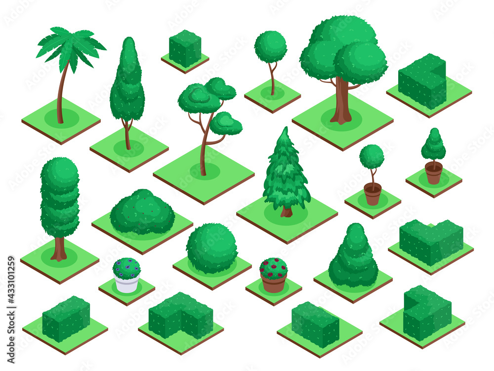 Isometric 3d trees. City park or forest tree plants, bushes, flowers ...
