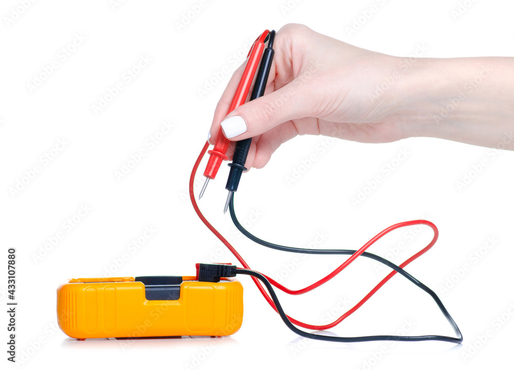 Multimeter yellow work tool in hand on white background isolation Stock ...