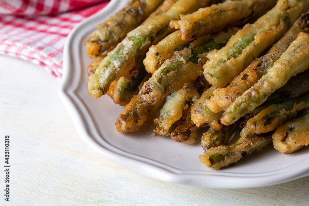 Turkish foods; Crispy baked green beans, fried beans (Turkish name ...