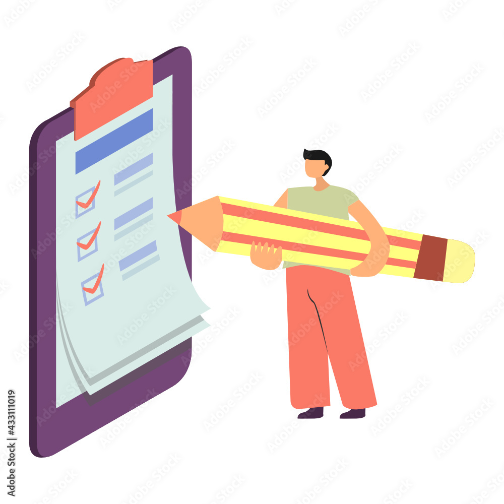 Isometric illustration of a person checking their work checklist, in ...