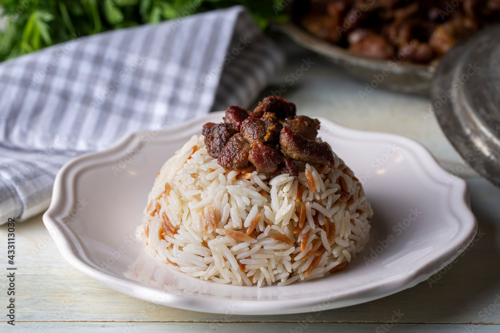 Turkish Meat Et Kavurma with rice - pilav (Turkish name; kurban kavurma ...