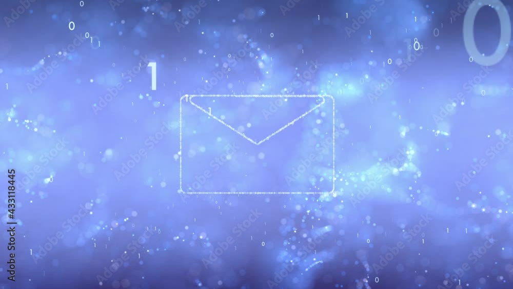 E-mail mail icon with binary numbers animation, bright blue cyberspace ...