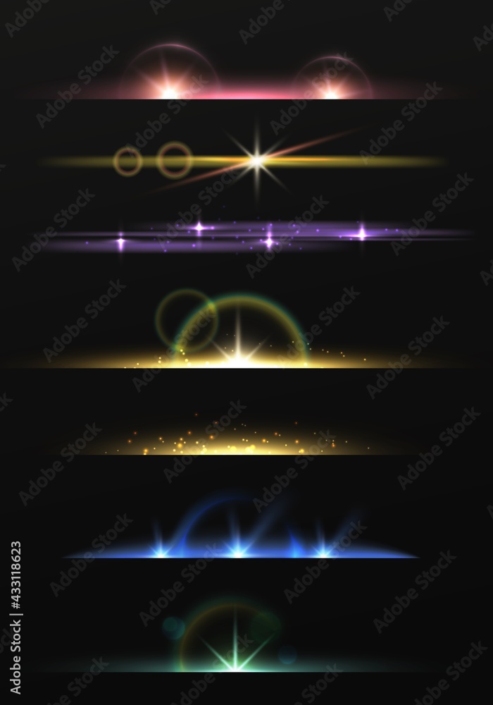 Lens flare shining borders. Realistic lights lines, rainbow glowing ...