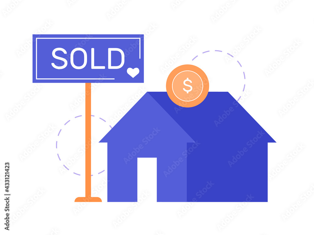 House icon and sign Sold out, coin with dollar sign. Property For Sale ...