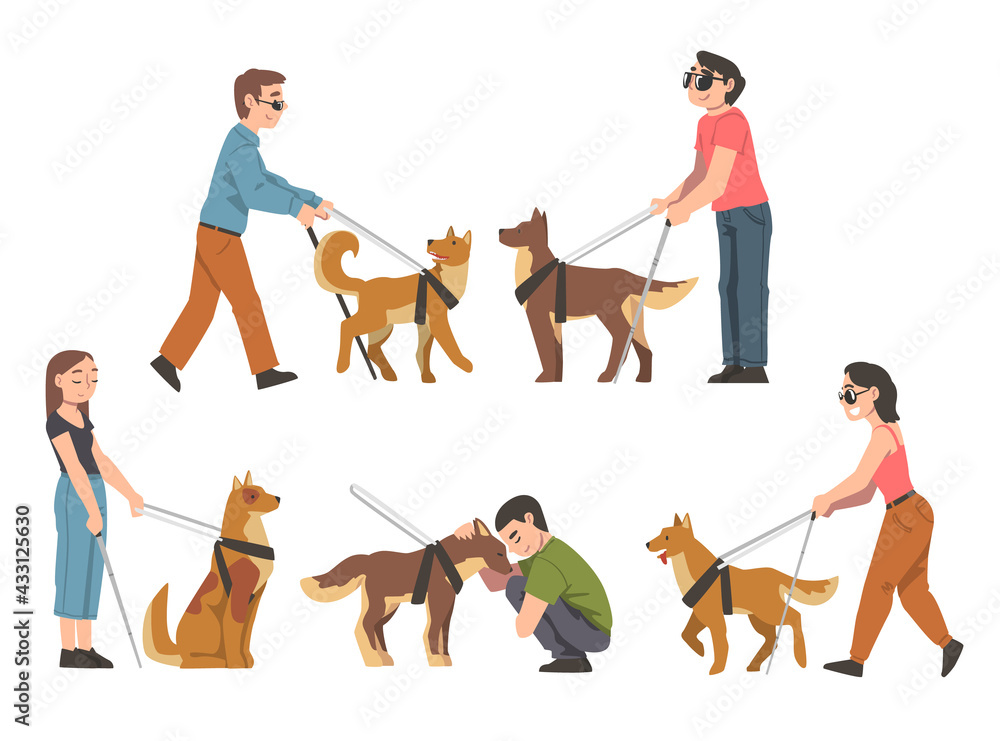 Seeing Eye Dog Guiding Blind People Set, Trained Animal Helping ...