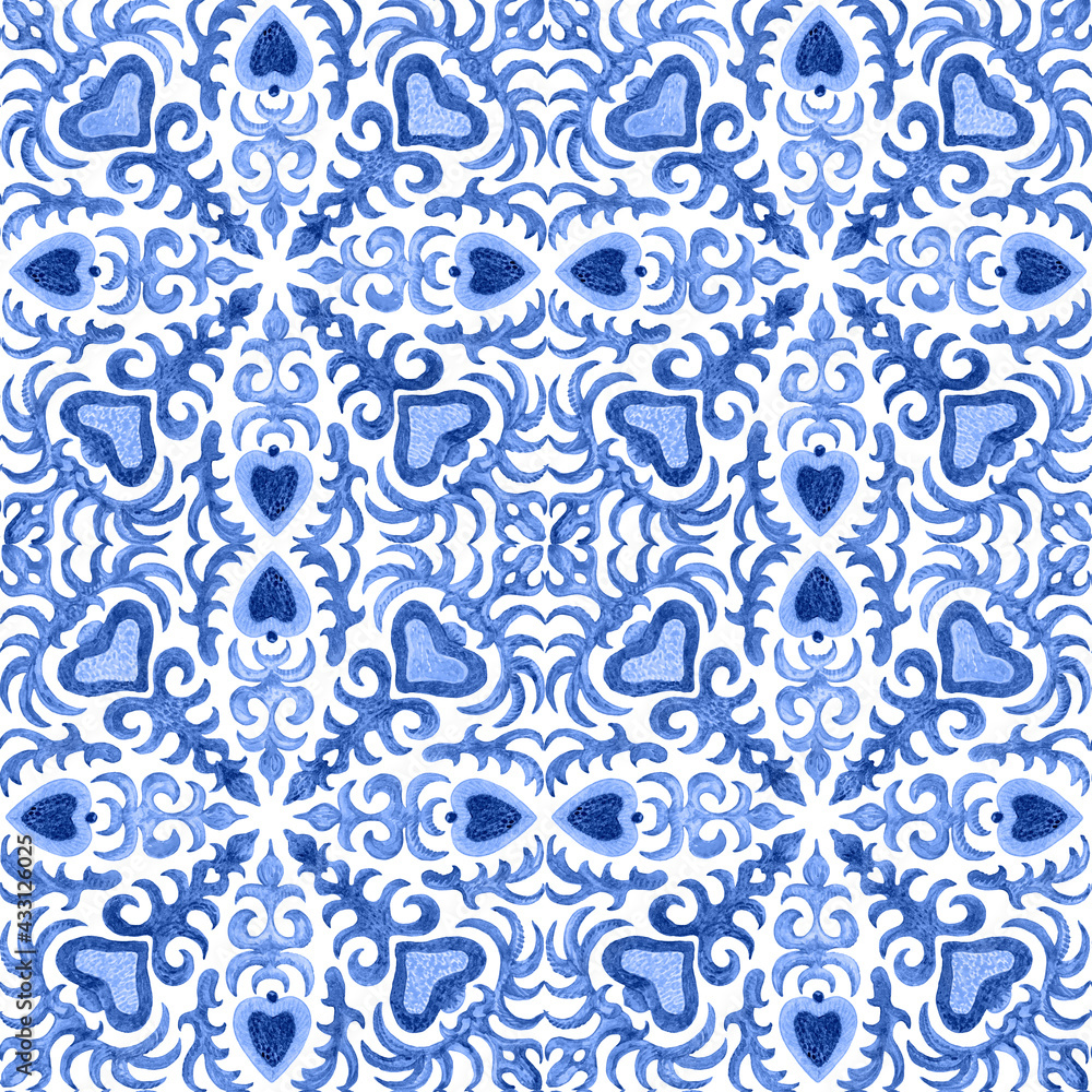 Seamless pattern of watercolor painted blue mosaic tiles with floral ...