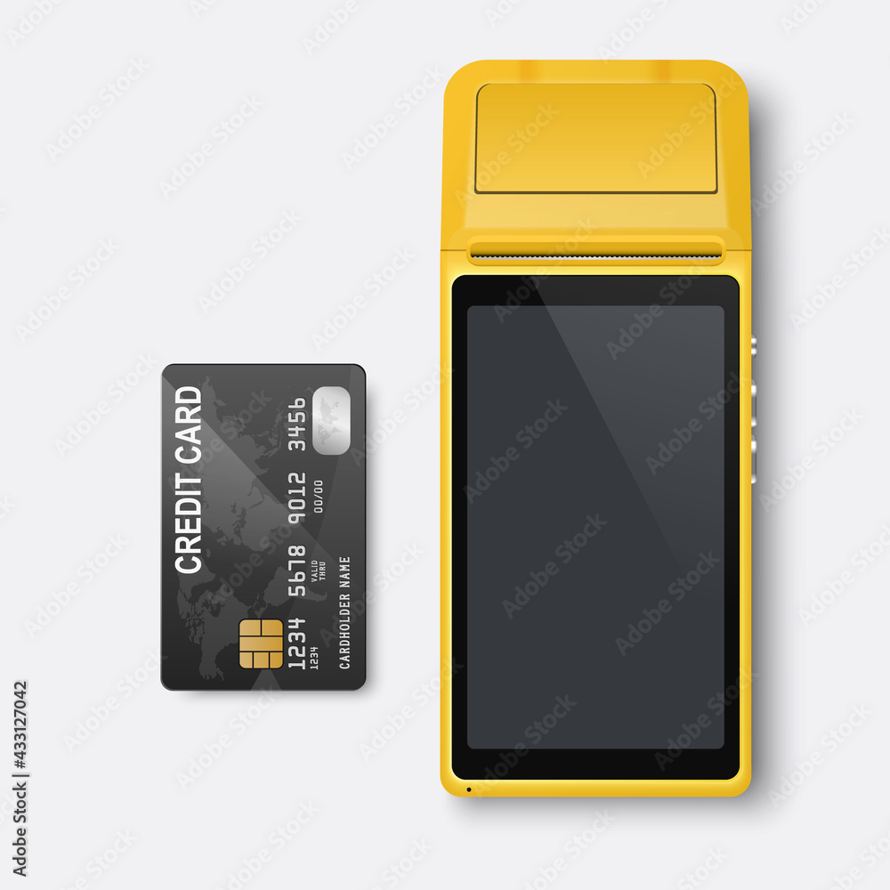Vector Realistic Yellow 3d Payment Machine. POS Terminal, Credit Card Closeup Isolated. Approved ...