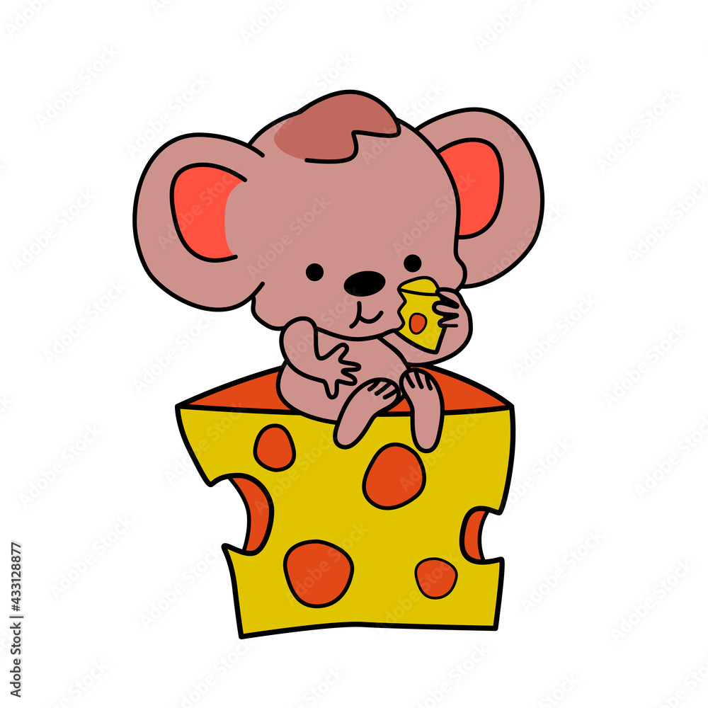 Mouse or rat with cheese. Cartoon illustration, funny mouse eats cheese ...
