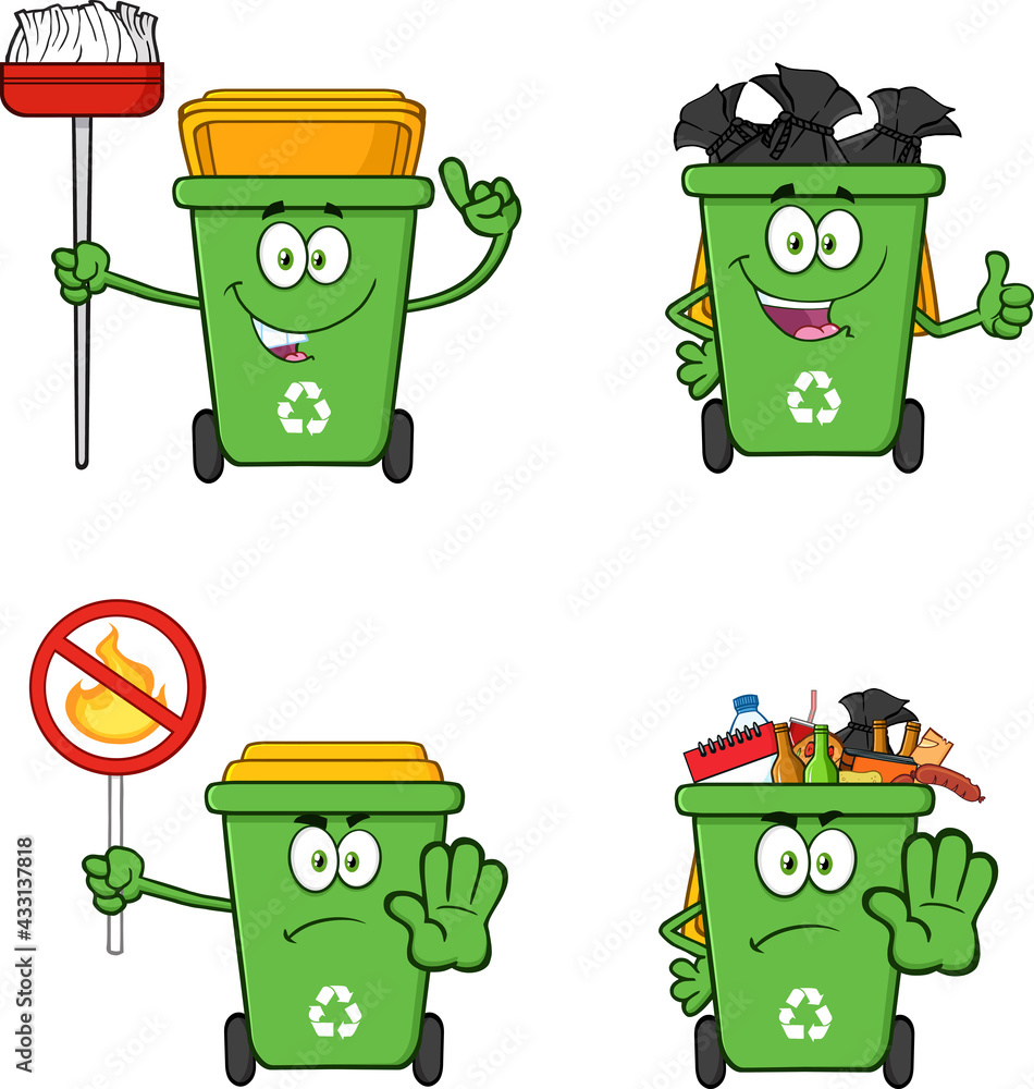 Recycling Bins Cartoon Characters. Vector Collection Set Isolated On ...