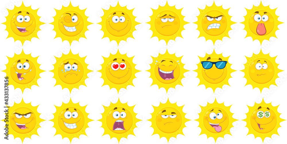 Sun Cartoon Emoji Face Character. Vector Flat Design Collection Set ...