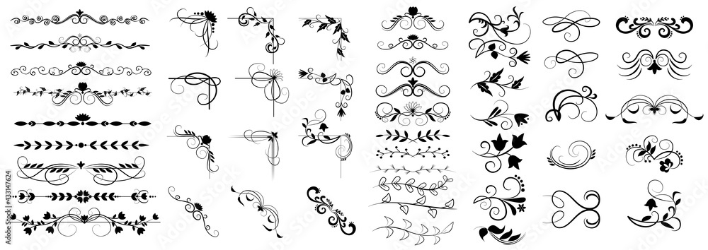 Decorative corners and dividers. Floral border ornament, vintage hand ...