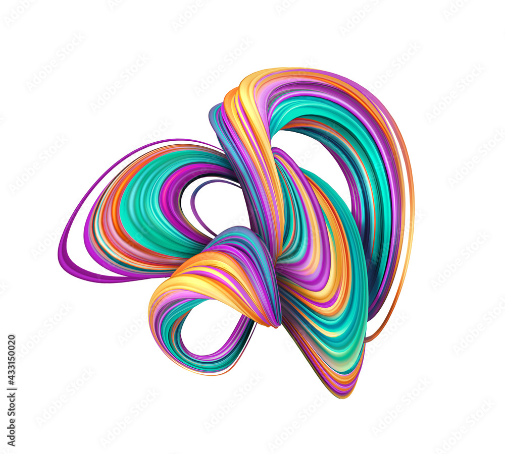 3d render, abstract colorful distorted twisted shape. Tangled strings ...